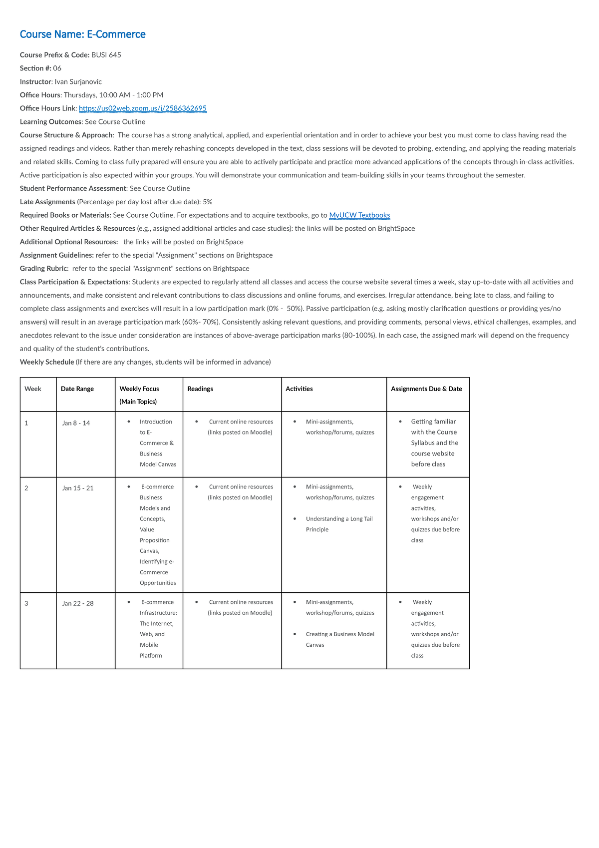 Detailed Syllabus - BUSI 645 E-Commerce (HBD- Winter 24-06) - Course ...