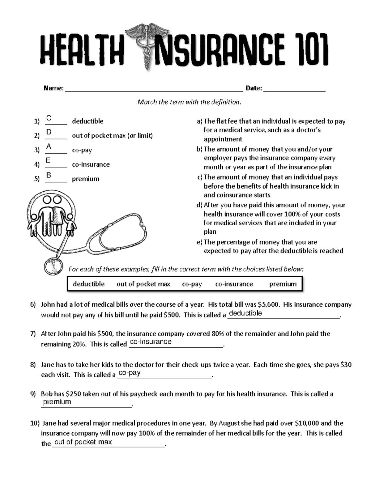 - Insurance 101 Student Fillable PDF - Match the term with the ...