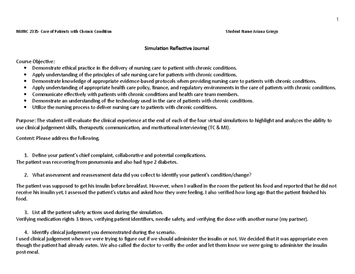 Simulation Journal 2 - reflection - 1 NMNC 2335- Care of Patients with ...