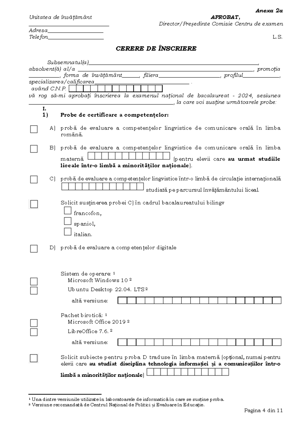 Cerere inscriere Bacalaureat 2024 - Anexa 2a Unitatea de învăţământ APROBAT, - Studocu