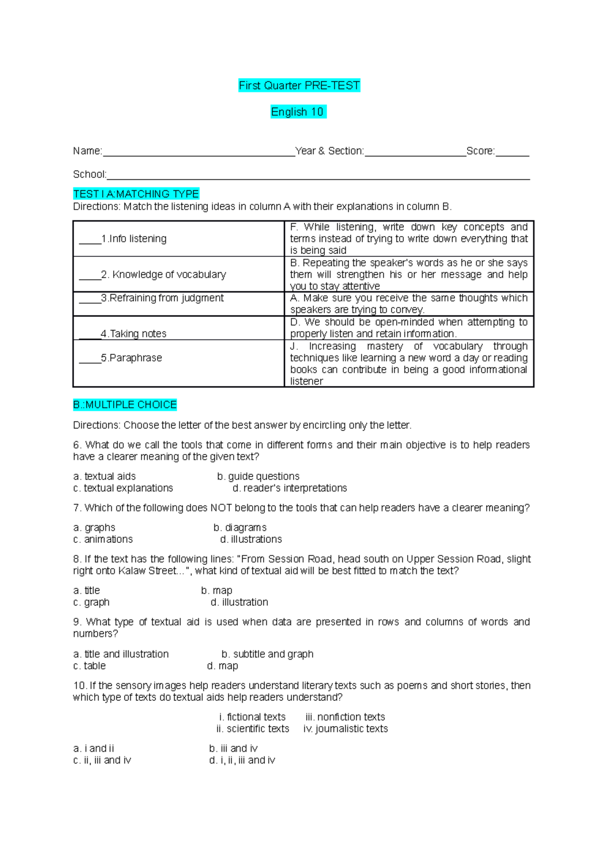 Pretest- Grade-10 - First Quarter Pre-Test in English 10 - First ...