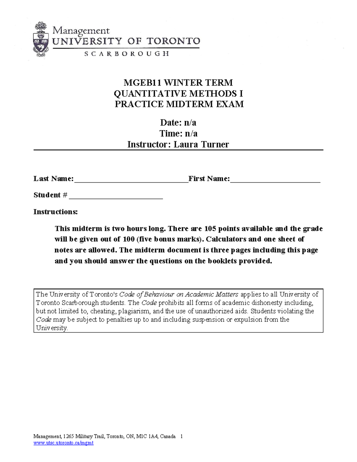 Practice midterm 2023 winter - MGEB11 WINTER TERM QUANTITATIVE METHODS I PRACTICE MIDTERM EXAM ...