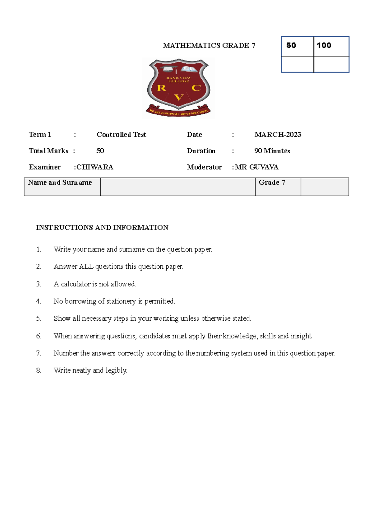 Maths Grade 7 Controlled TEST TERM 1 - MATHEMAT IC S GRADE 7 50 100 ...