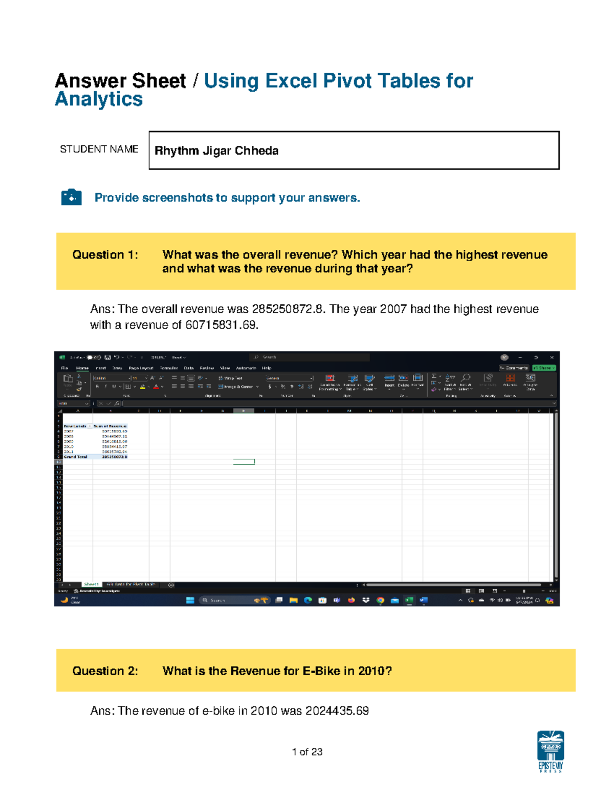 Answer Sheet Pivot Tables - Answer Sheet / Using Excel Pivot Tables for ...