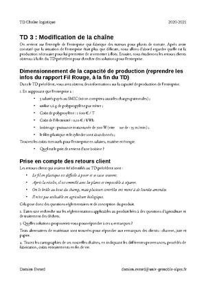 LOGISTIQUE - TD 4 - TD Chaîne logistique 2020- TD 4 : Conception et Gestion de production Dans ...