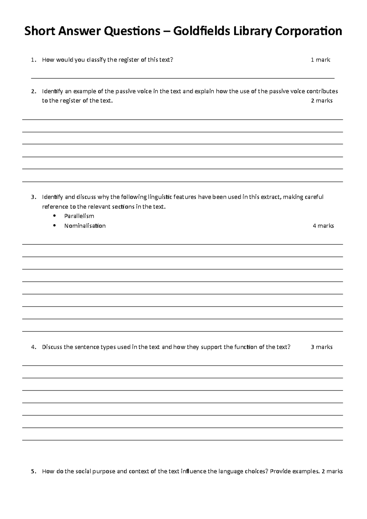 Goldfields library corporation saq - Short Answer Questions ...