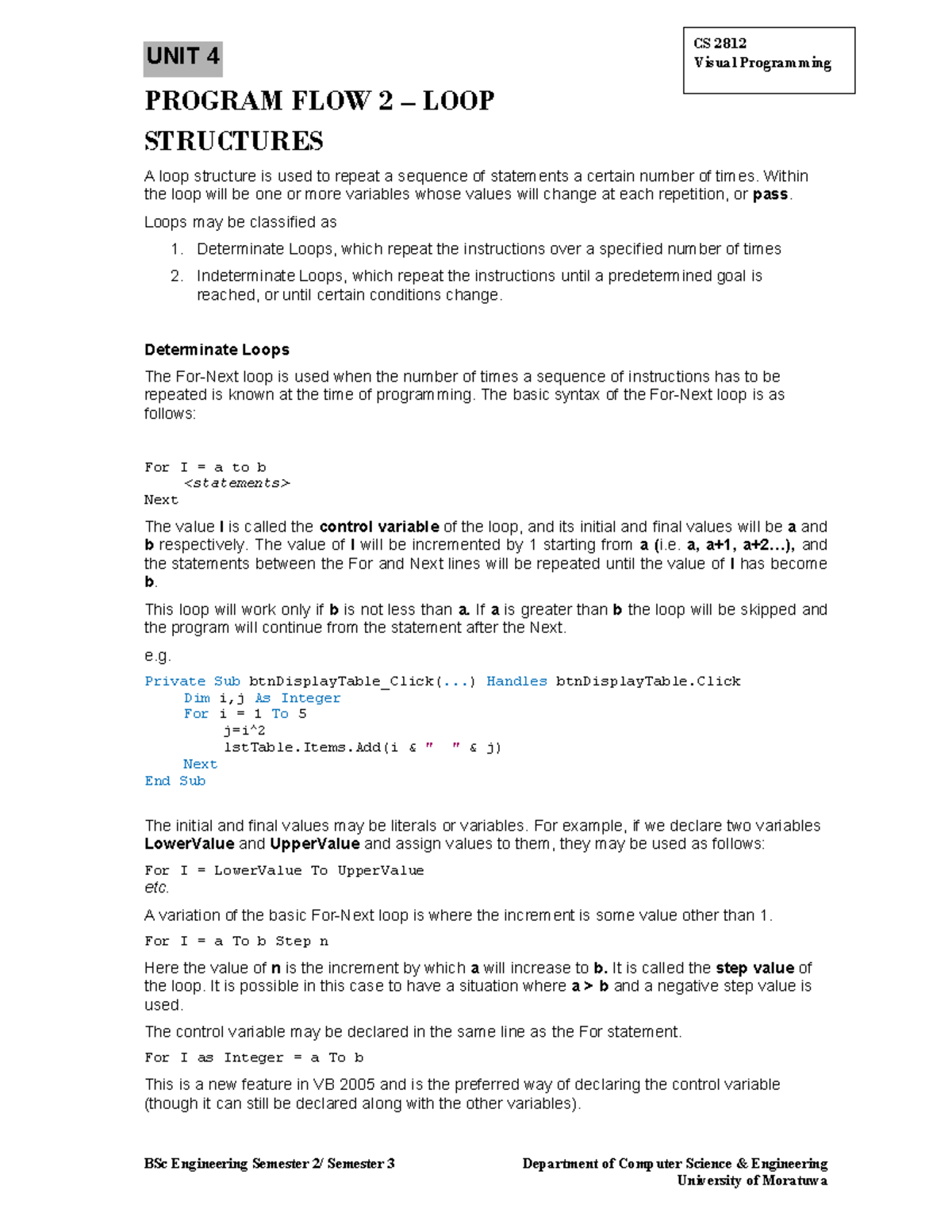 Uinit 4 - Loops - Thisis a note on visual programming - BSc Engineering ...