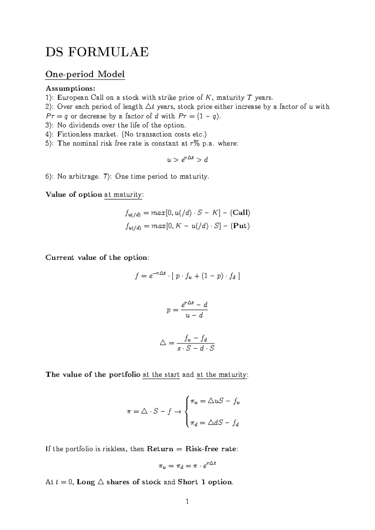 DS Formulae - Formula - DS FORMULAE One-period Model Assumptions: 1 ...