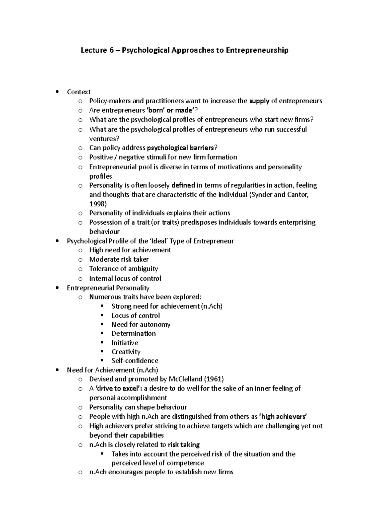 Lecture 6 – Psychological Approaches to Entrepreneurship - Lecture 6 ...