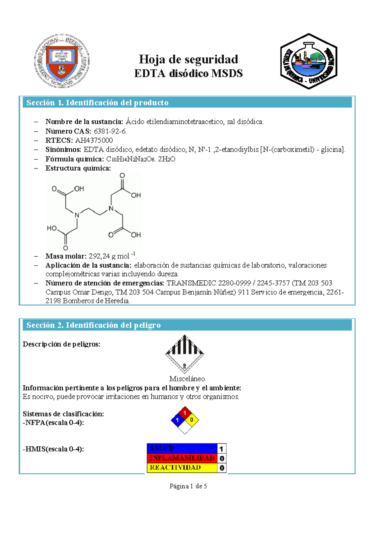 EDTA Disodico - Hoja de seguridad EDTA disódico MSDS Sección 1 ...