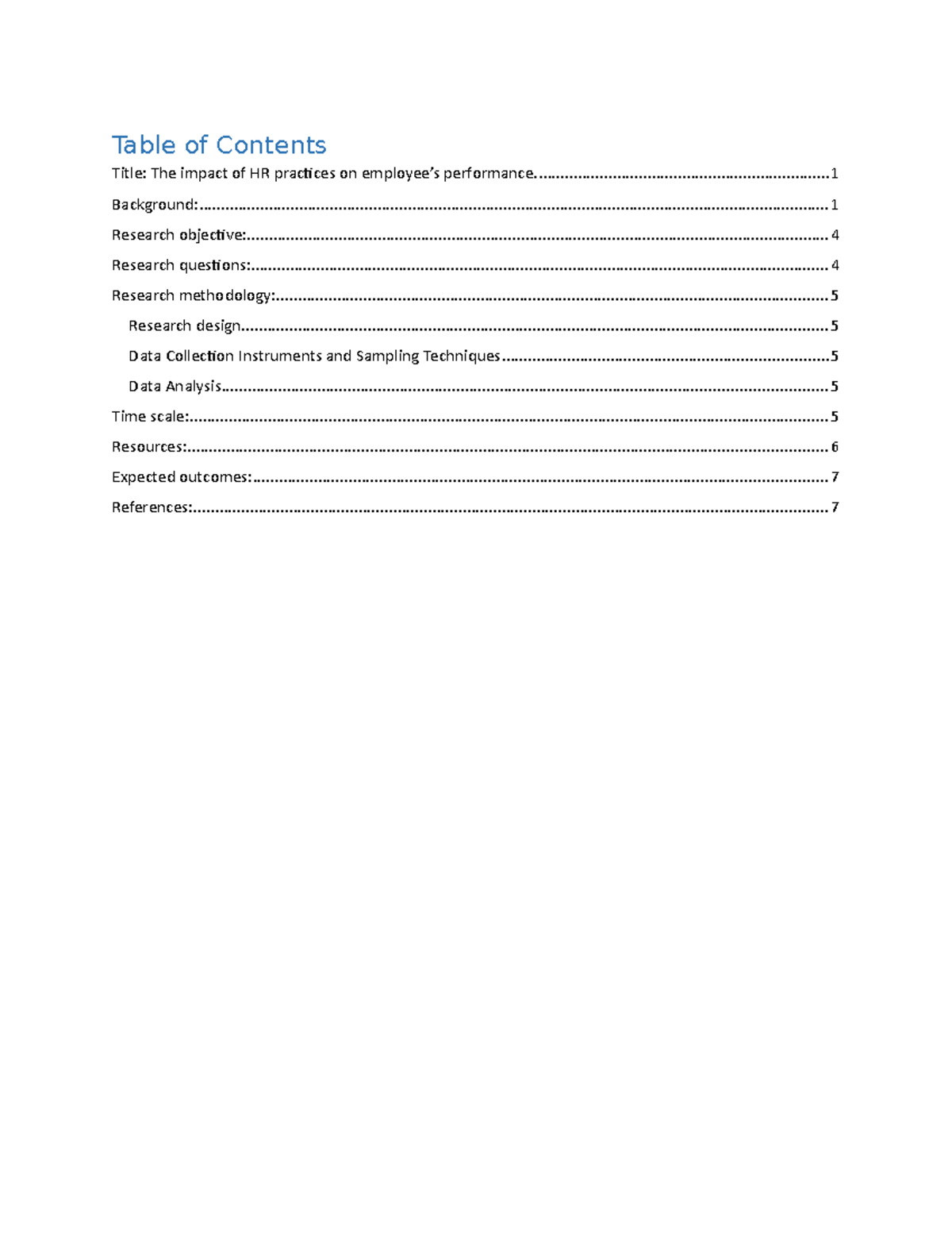 Wahid proposal - Table of Contents Title: The impact of HR practices on ...