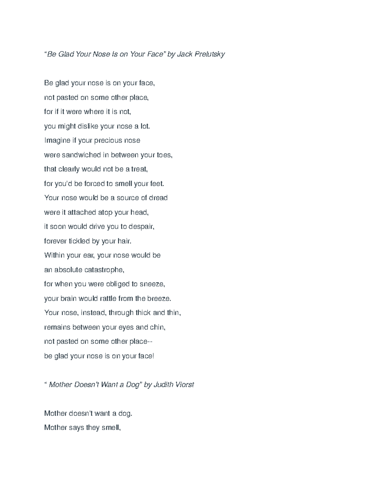 Favorite Poems Assignment - “ Be Glad Your Nose Is on Your Face” by ...