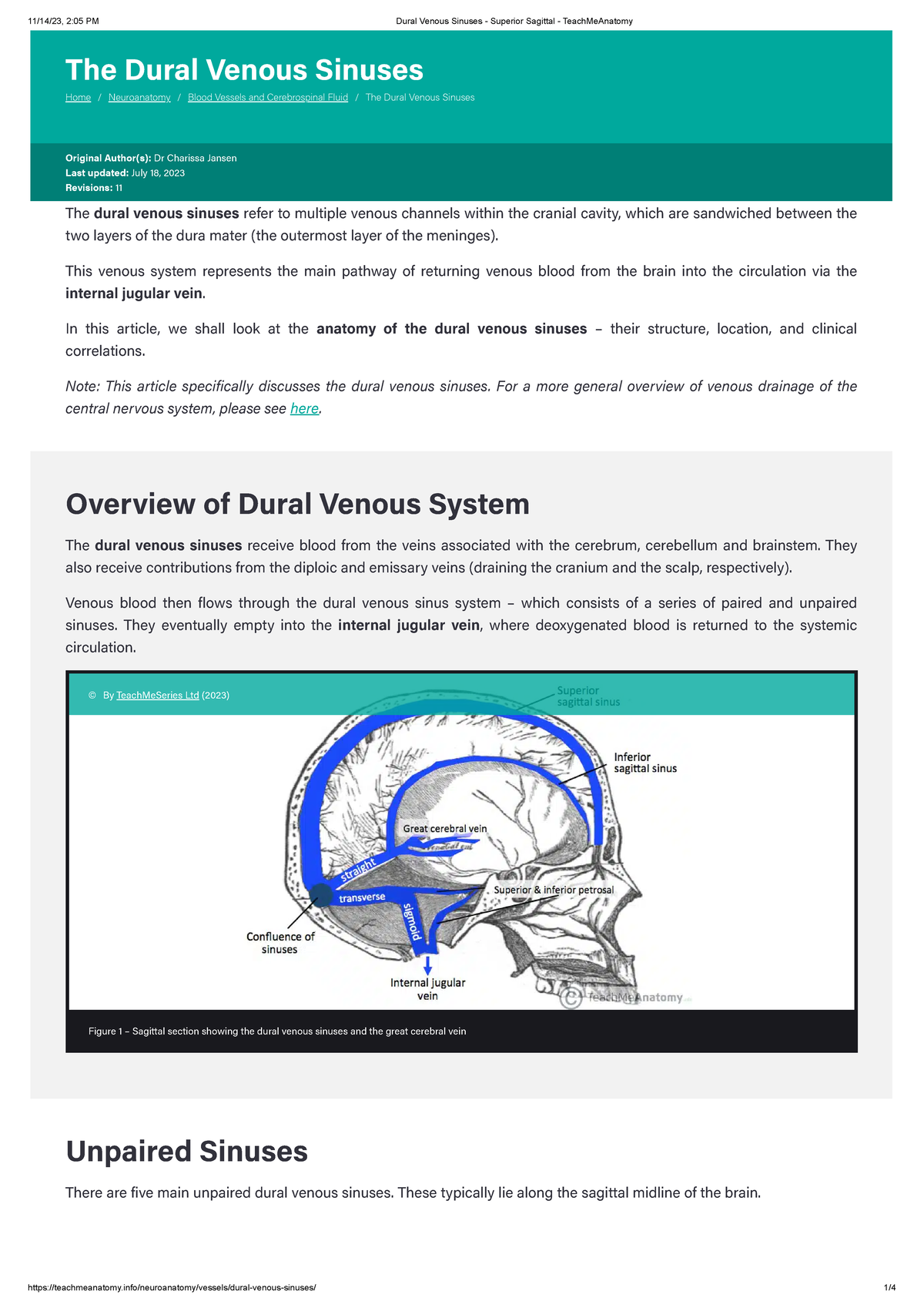 Dural Venous Sinuses - Superior Sagittal - Teach Me Anatomy - The Dural ...