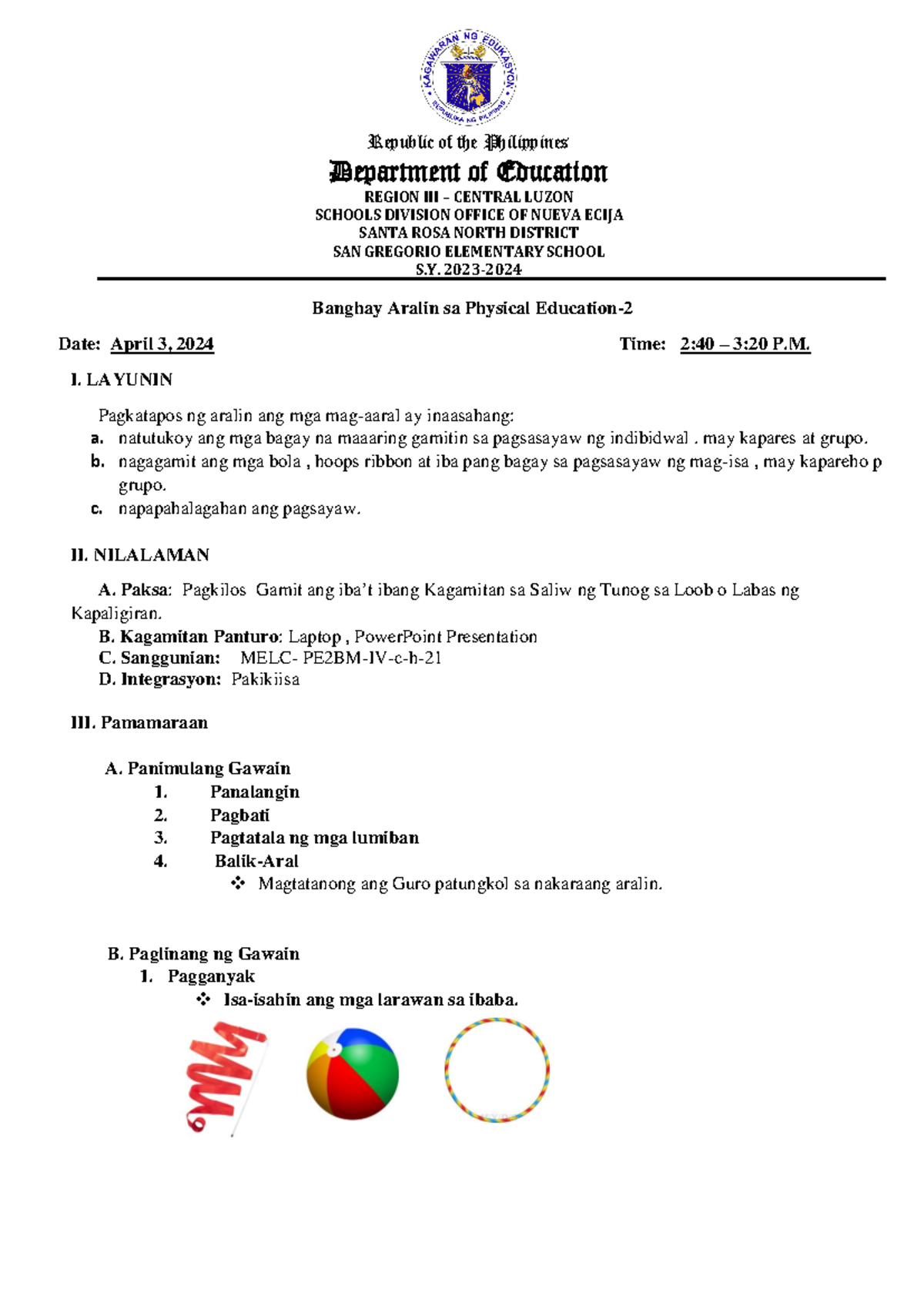 April 3 PE - A SEMI LESSON PLAN - Republic of the Philippines ...