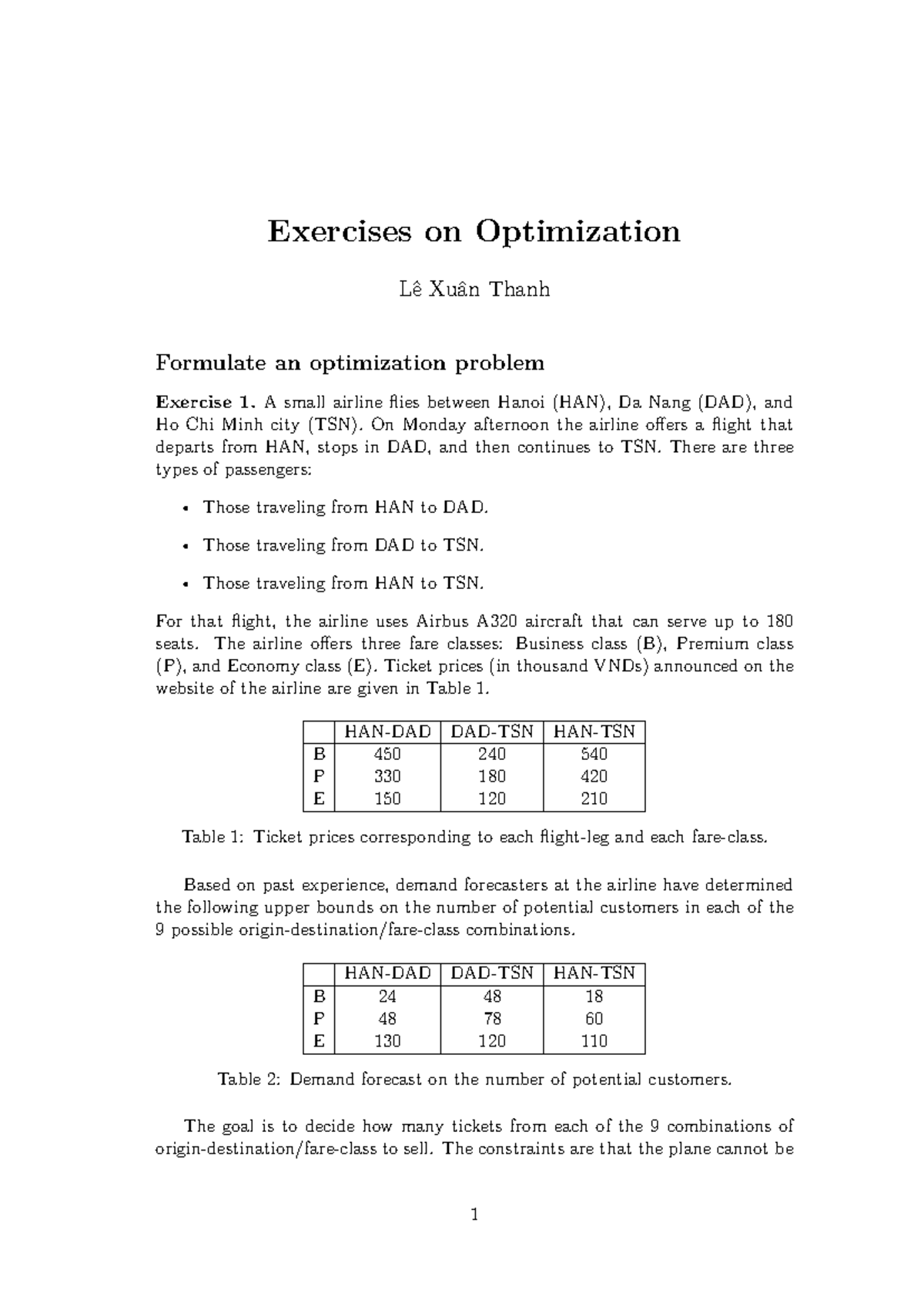 Optimization Exercices - Exercises on Optimization Lê Xuân Thanh Formulate an optimization ...
