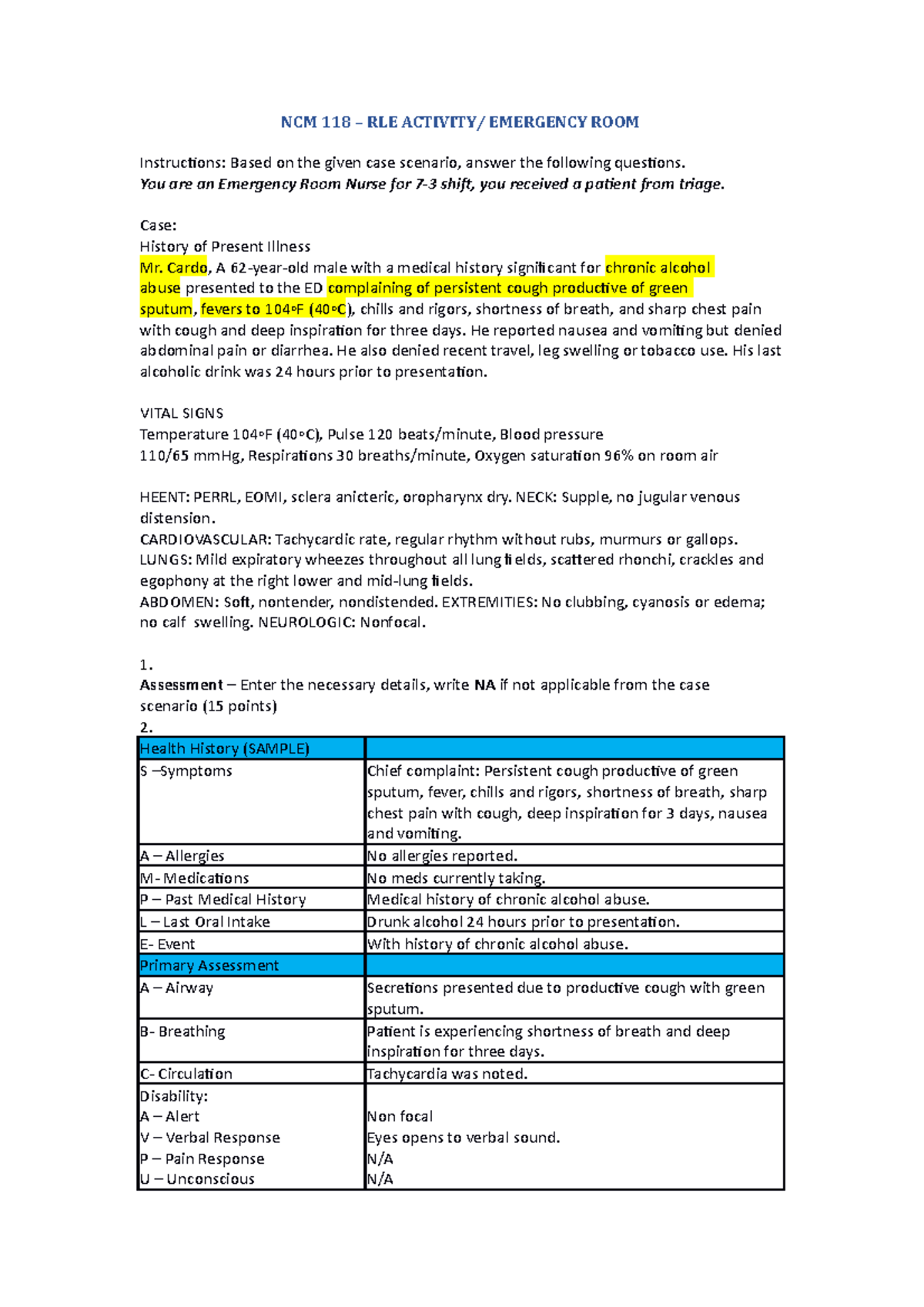 Cardiovascular ER (CASE Study) - Nursing - Studocu