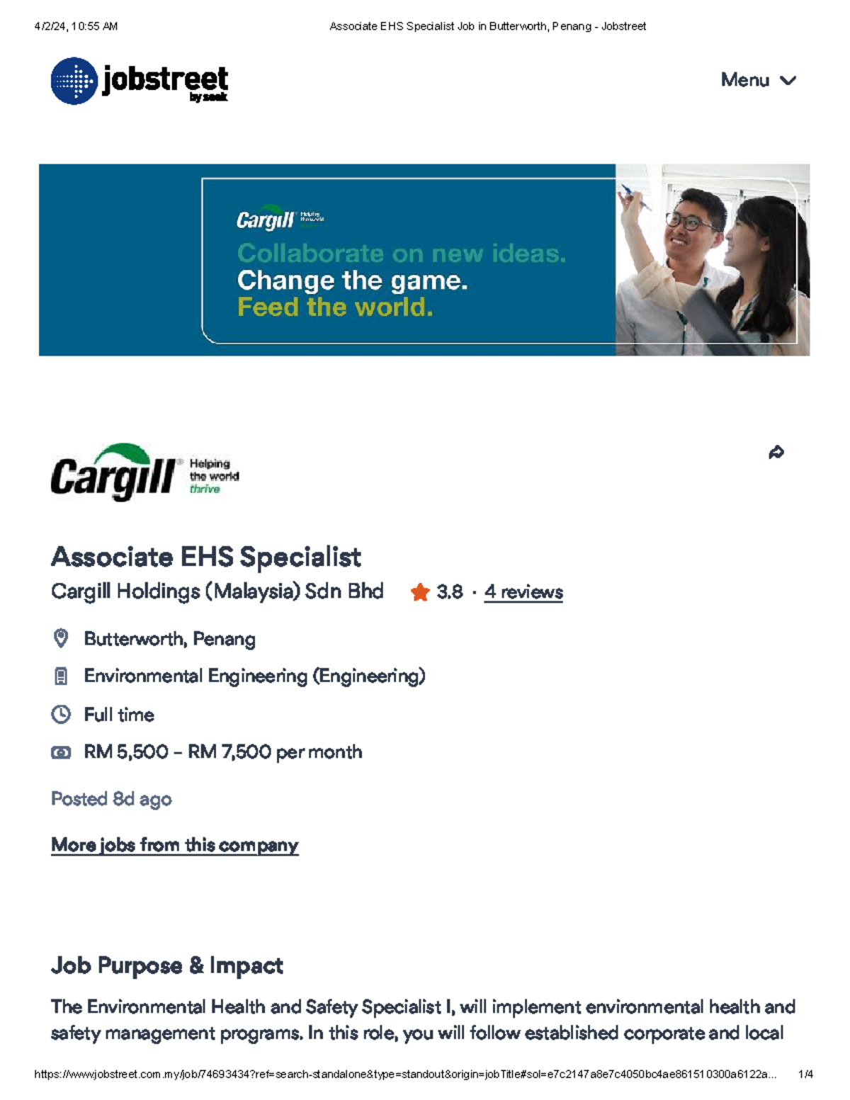 Associate EHS Specialist Job in Butterworth, Penang - Jobstreet - - Studocu