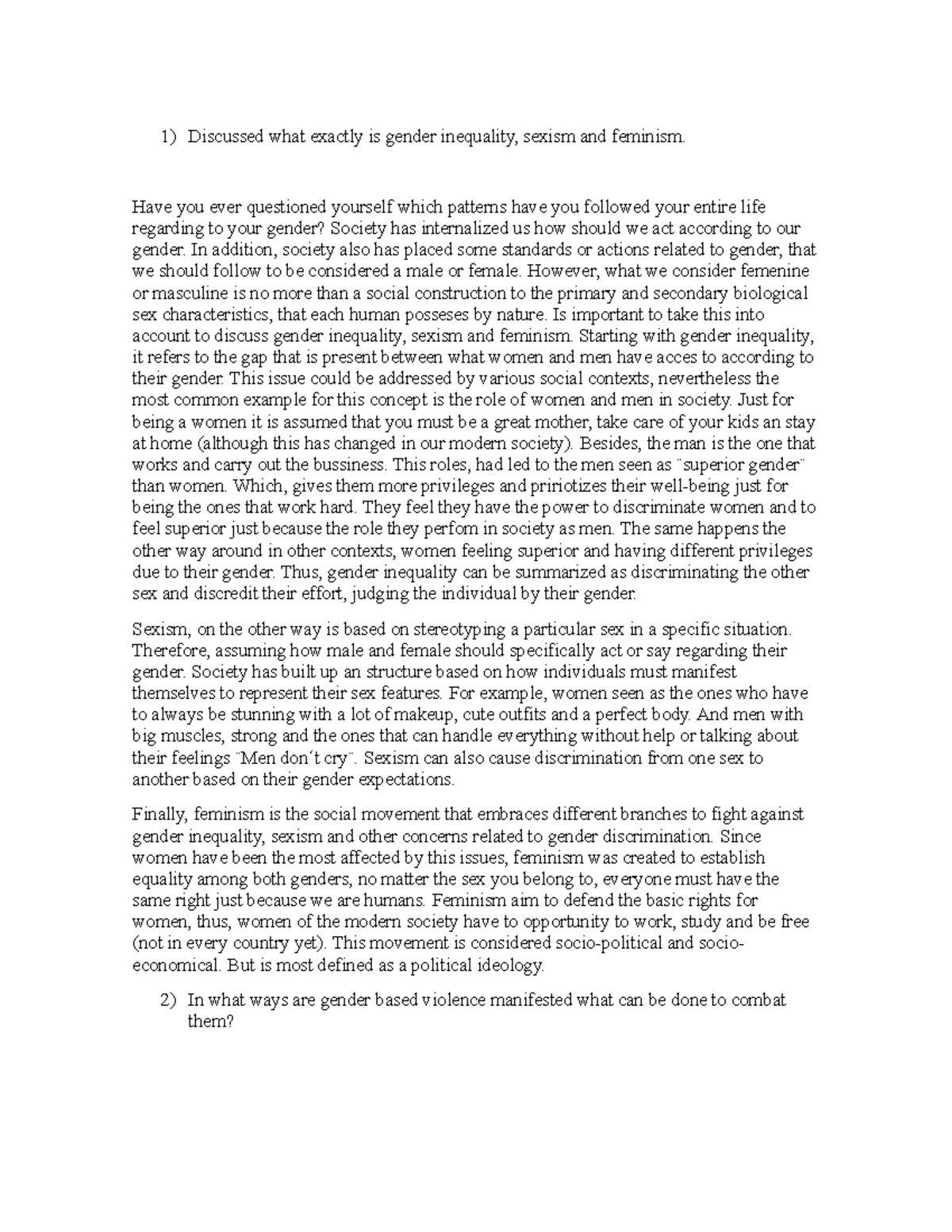 Discussion 5 - Discussed what exactly is gender inequality, sexism and ...