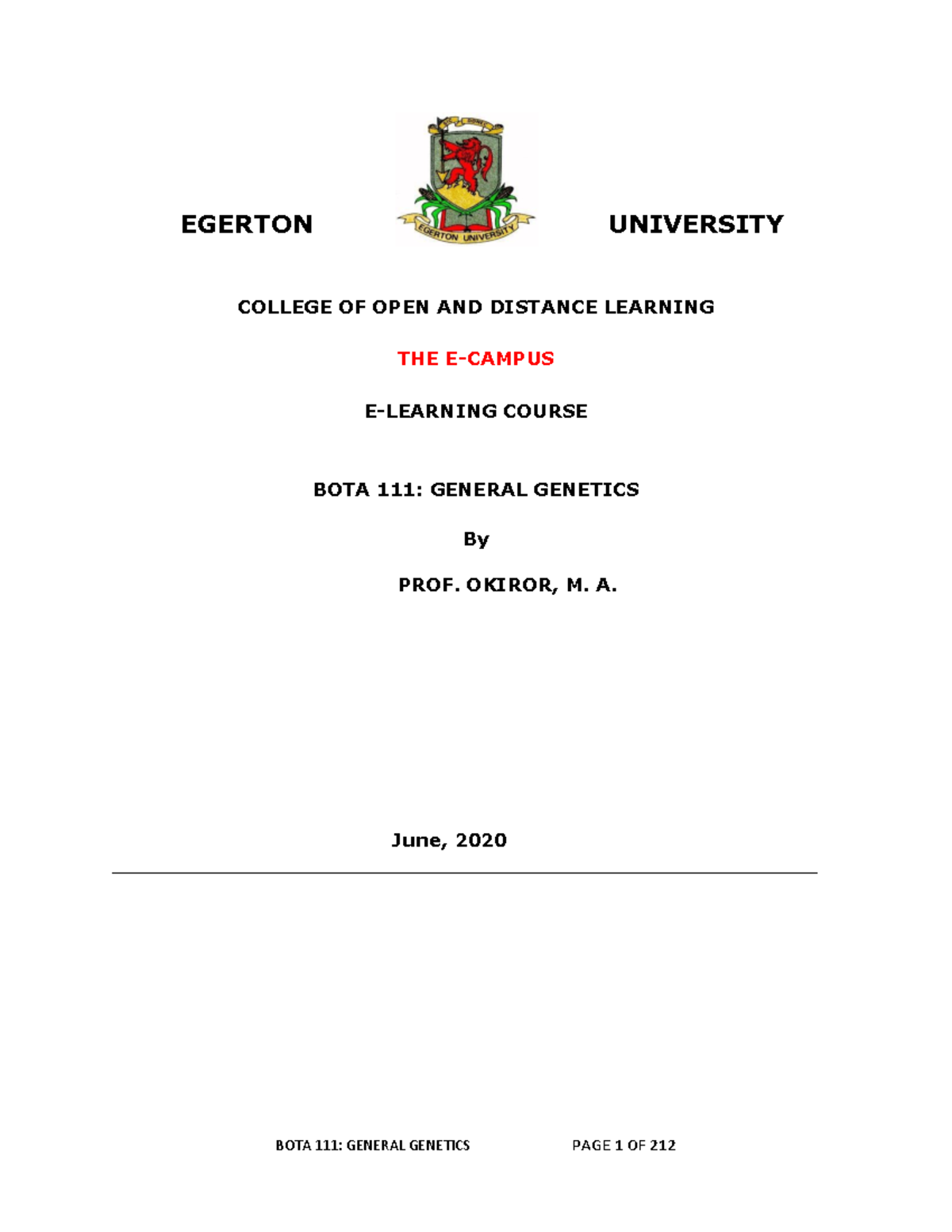 BOTA 111 General Genetics elearning materials for students - EGERTON UNIVERSITY COLLEGE OF OPEN ...
