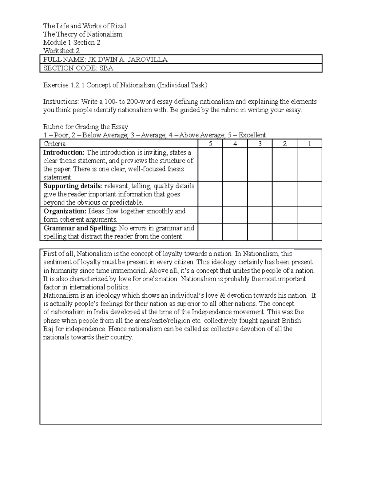 Worksheet-2-M1S2 - Rizal - The Life and Works of Rizal The Theory of Nationalism Module 1 ...
