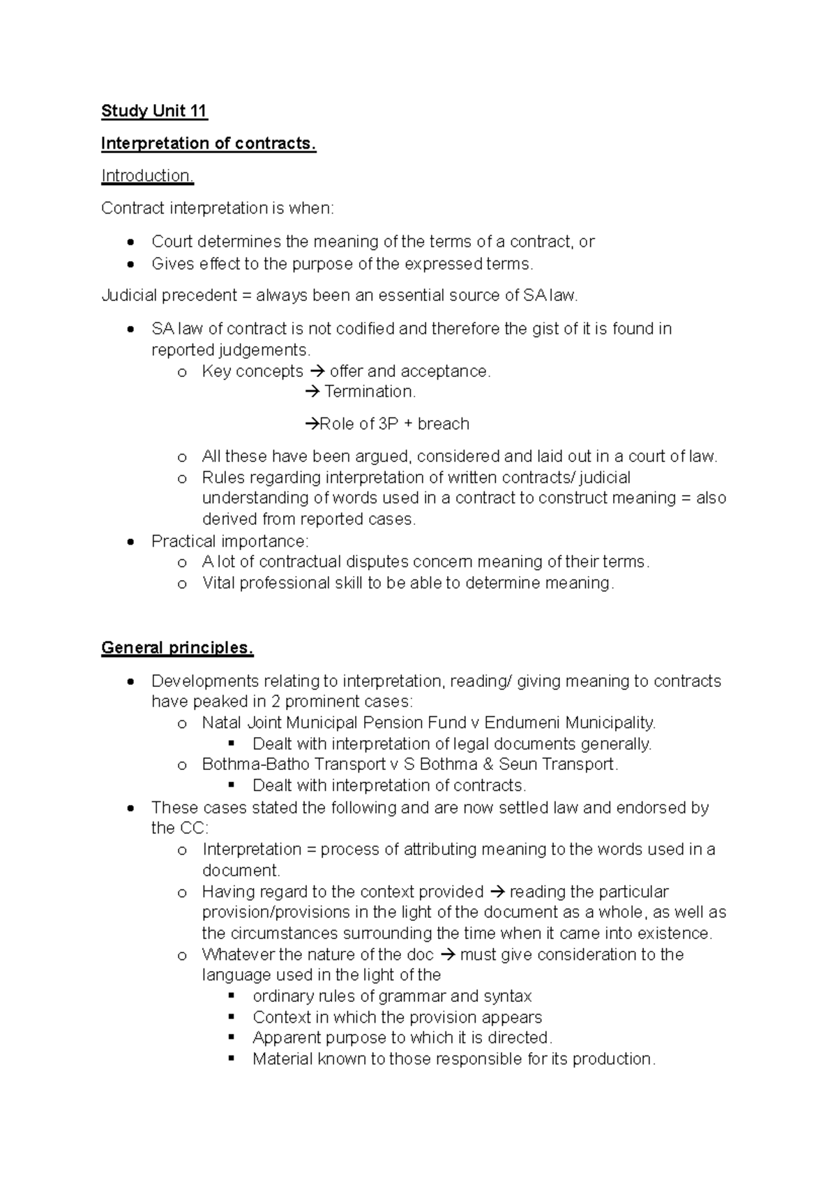 Contract law IURI373 summary on su 10 and 11 - Study Unit 11 ...