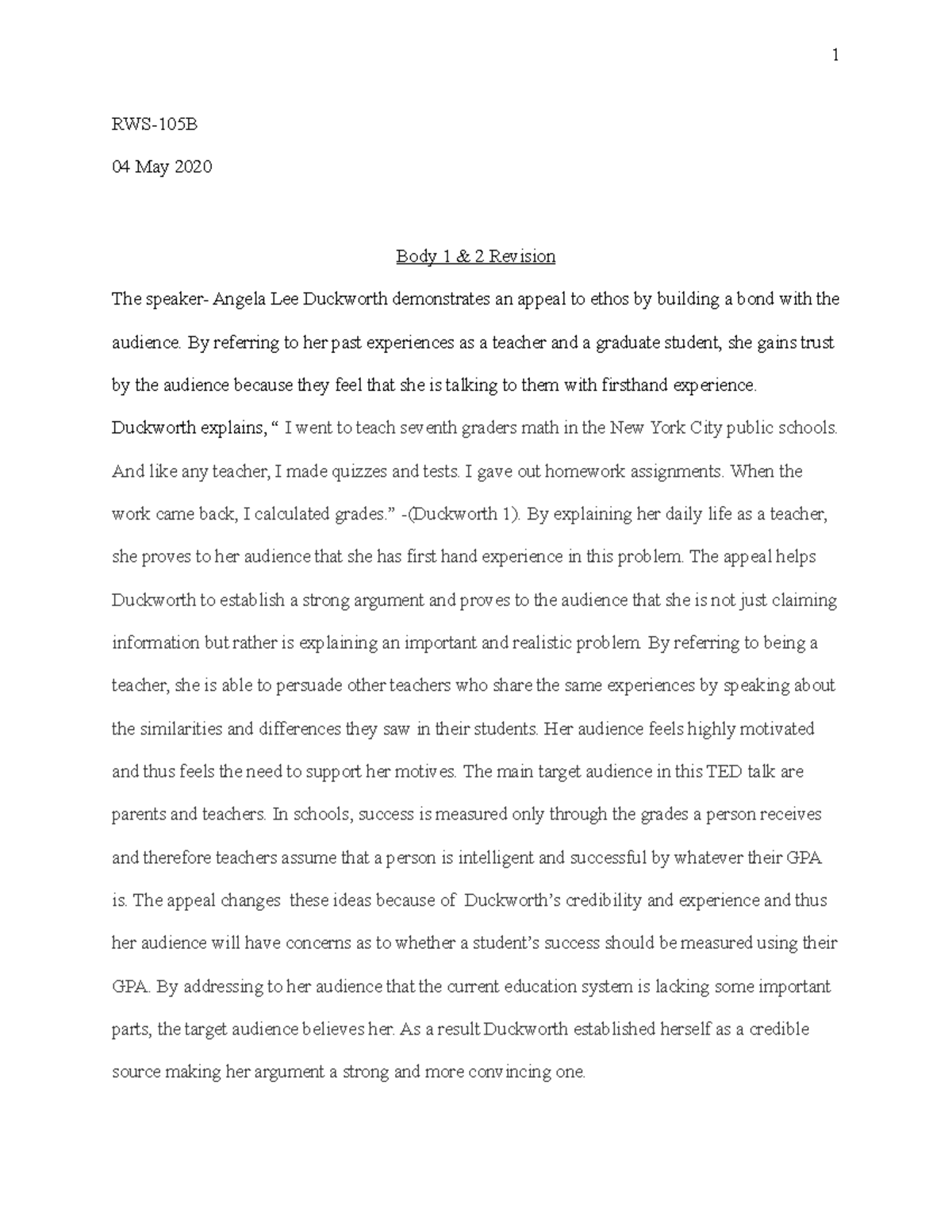 Essay 3 Body 1 (edited) - 1 RWS-105B 04 May 2020 Body 1 & 2 Revision ...