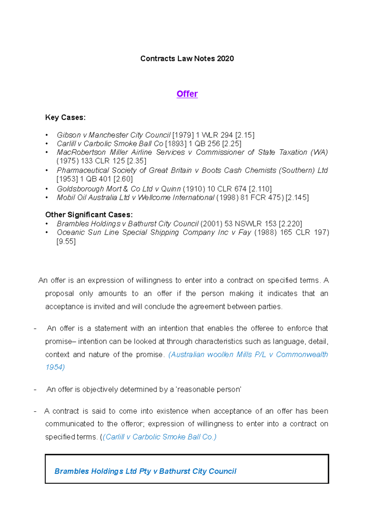 Contracts Law exam Notes - Contracts Law Notes 2020 Offer Key Cases ...