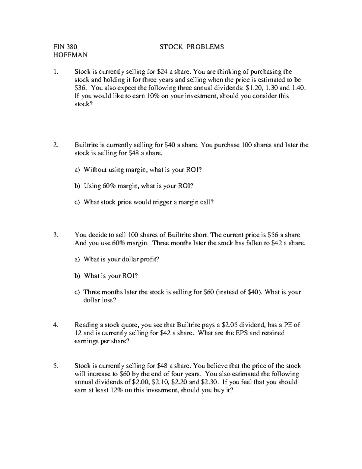 Stock Problems - wicon - FIN 380 STOCK PROBLEMS HOFFMAN Stock is ...