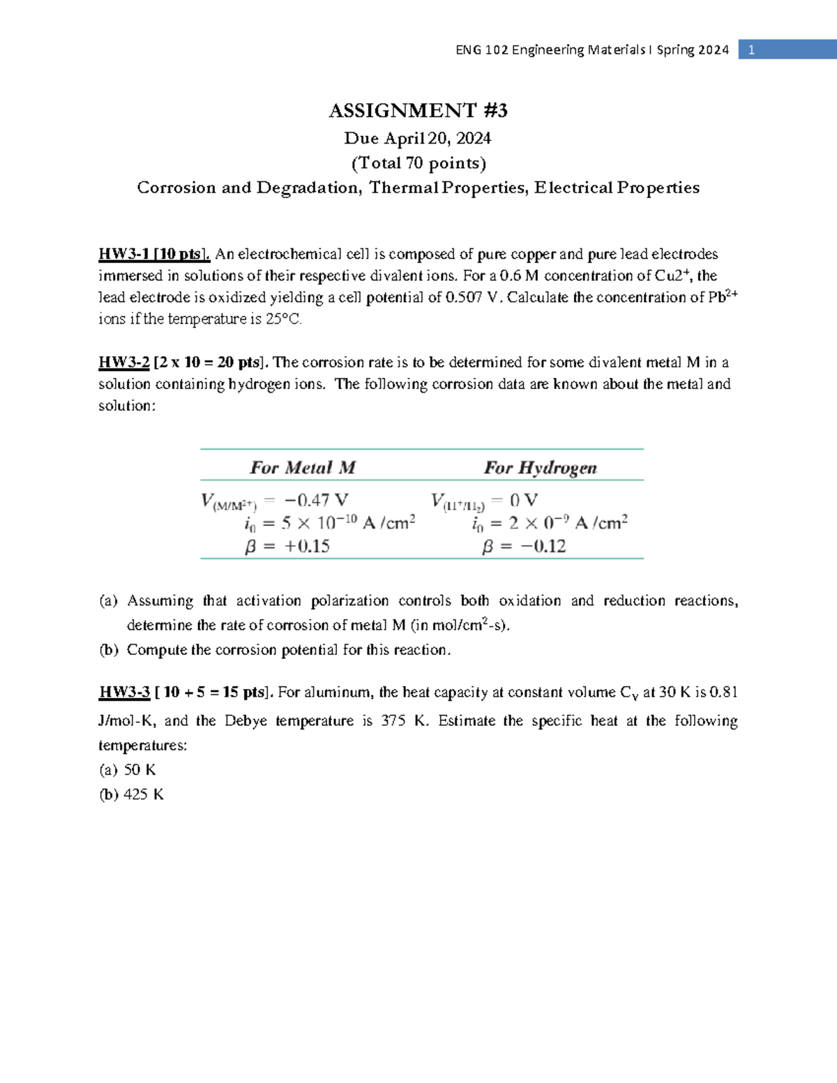 ENG 102 Assignment 3 Spring 2024 - ENG 102 Engineering Materials I Spring 2024 1 ASSIGNMENT # 3 ...