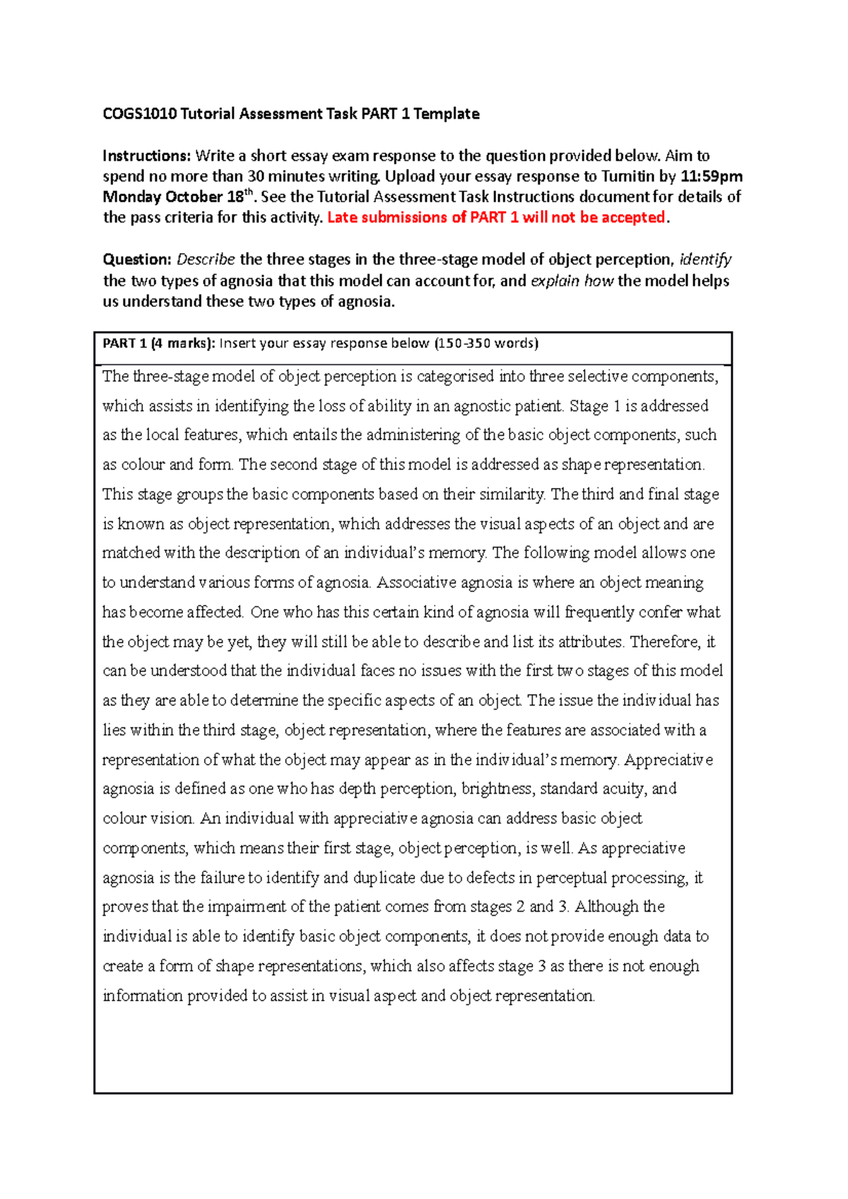 COGS1010 PART 1 - COGS1010 Tutorial Assessment Task PART 1 Template Instructions: Write a short ...