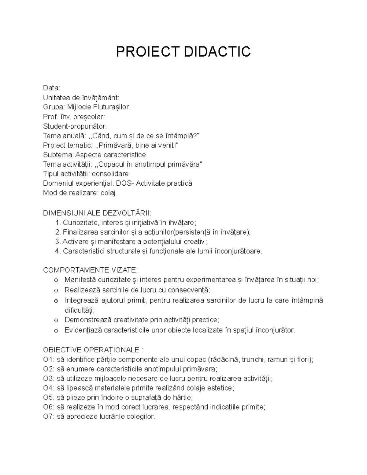 Copacul în anotimpul primăvăra”- Proiect Didactic - PROIECT DIDACTIC ...