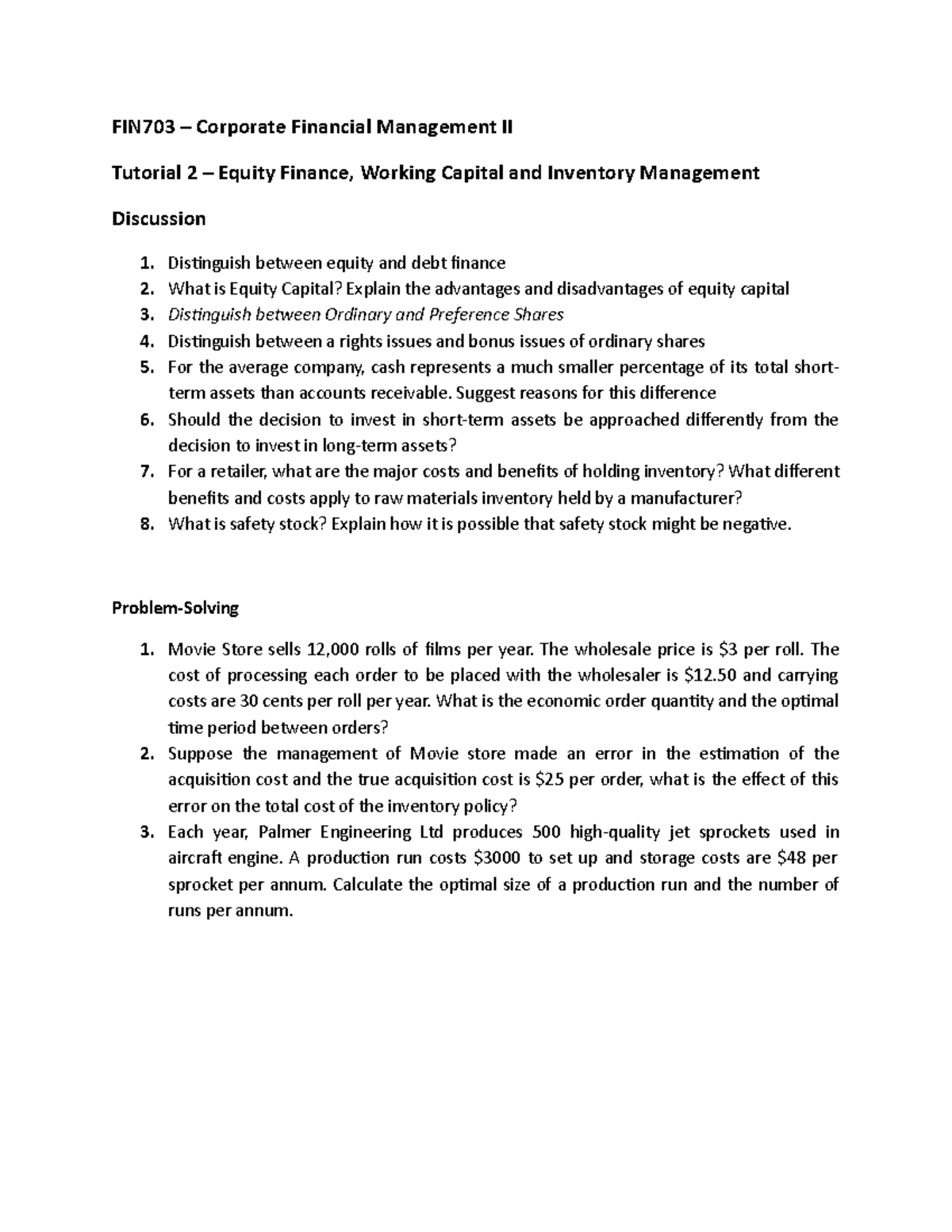 Tutorial 2 - FIN703 – Corporate Financial Management II Tutorial 2 ...