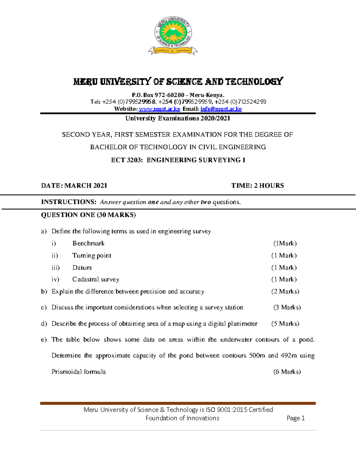 ECT 3203 Engineering survey I - Meru University of Science & Technology is ISO 9001:2015 - Studocu