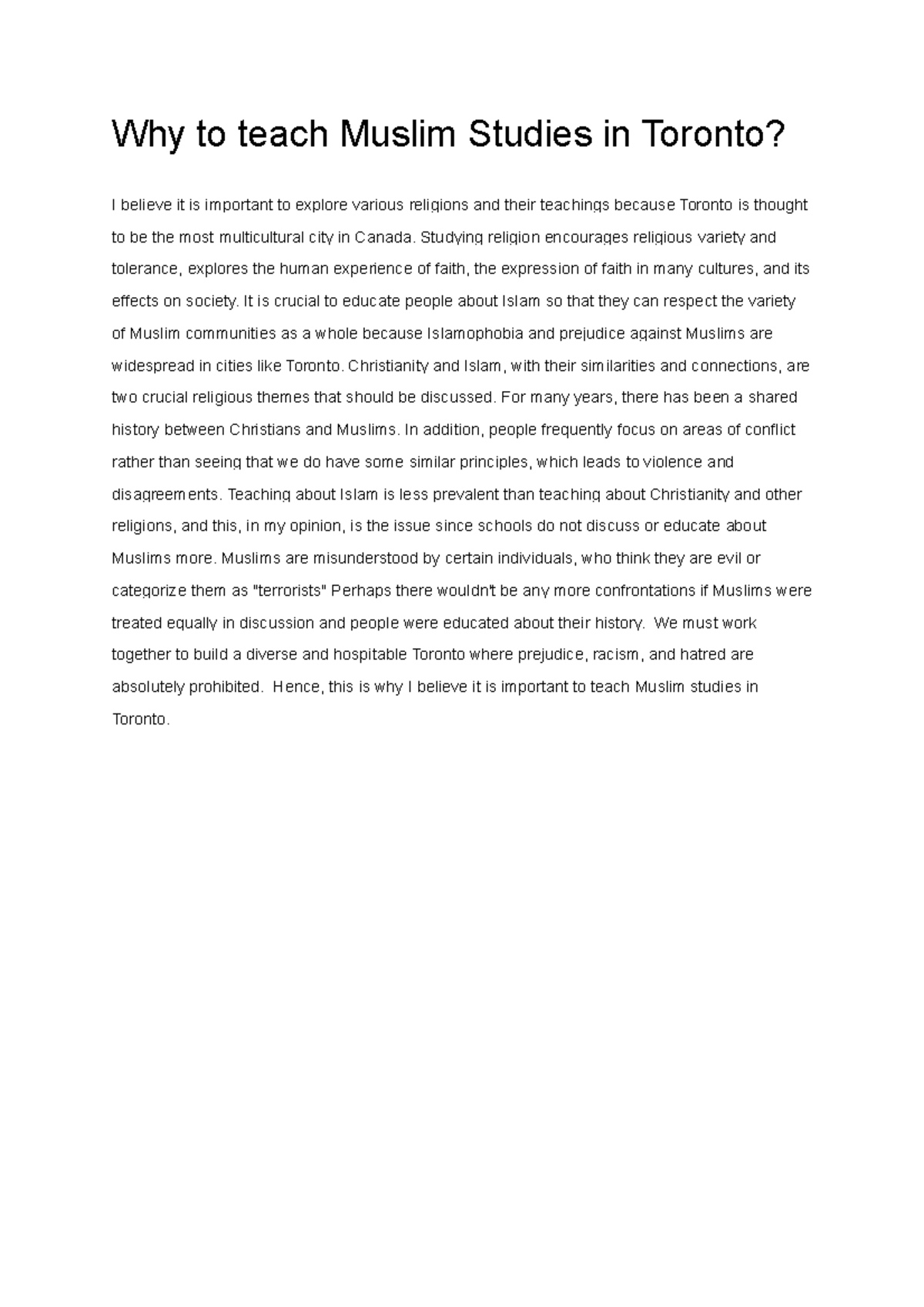 Mini Assignment 2 - Why to teach Muslim Studies in Toronto? I believe ...