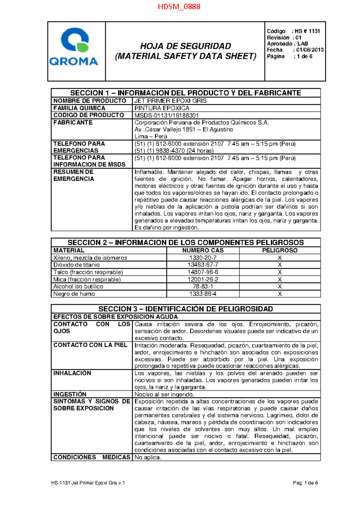 HDSM 0888 Jet Primer Epoxi Gris - HOJA DE SEGURIDAD (MATERIAL SAFETY ...