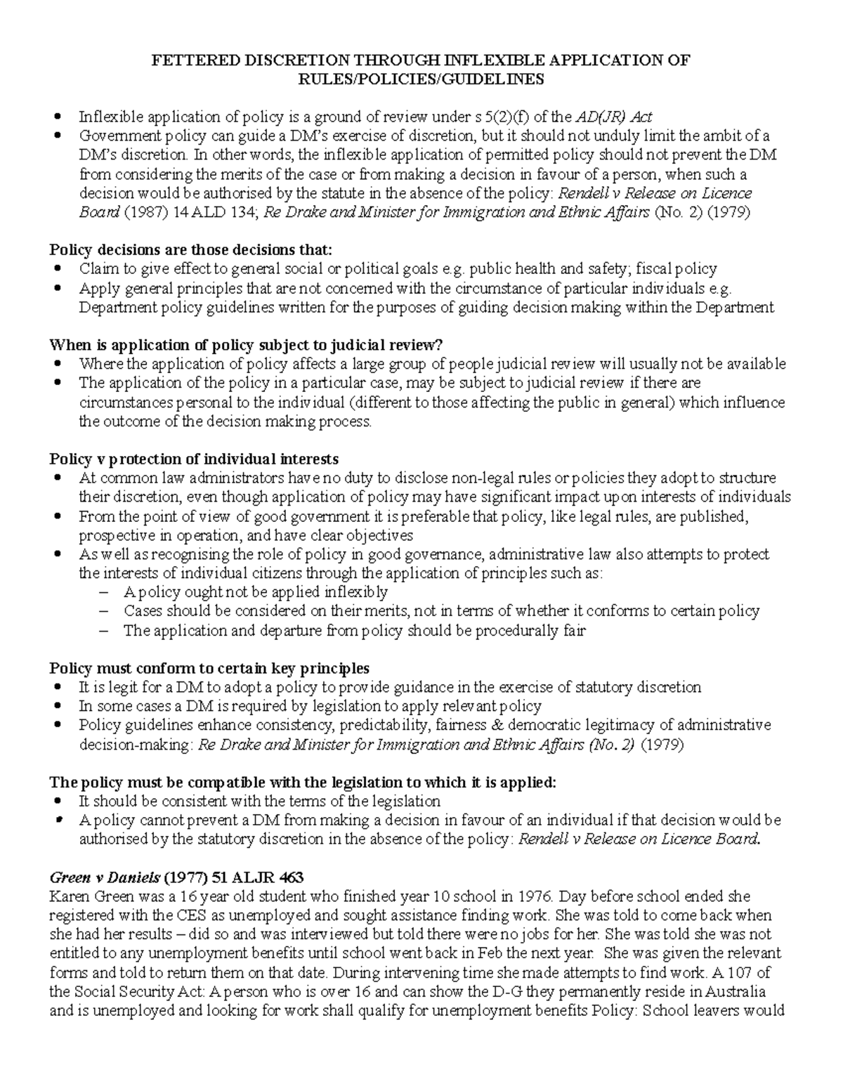 Fettered discretion through inflexible application of rules - FETTERED ...