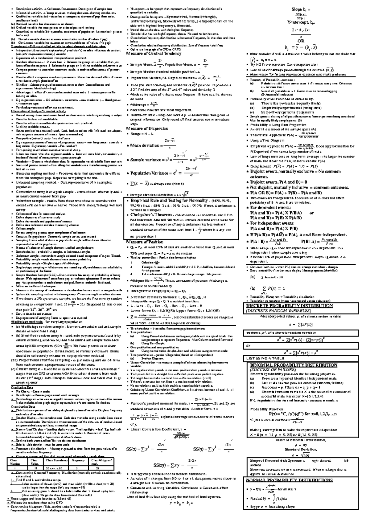 St1131 Cheatsheet - cheat sheet - Descriptive statistics -> Collection ...