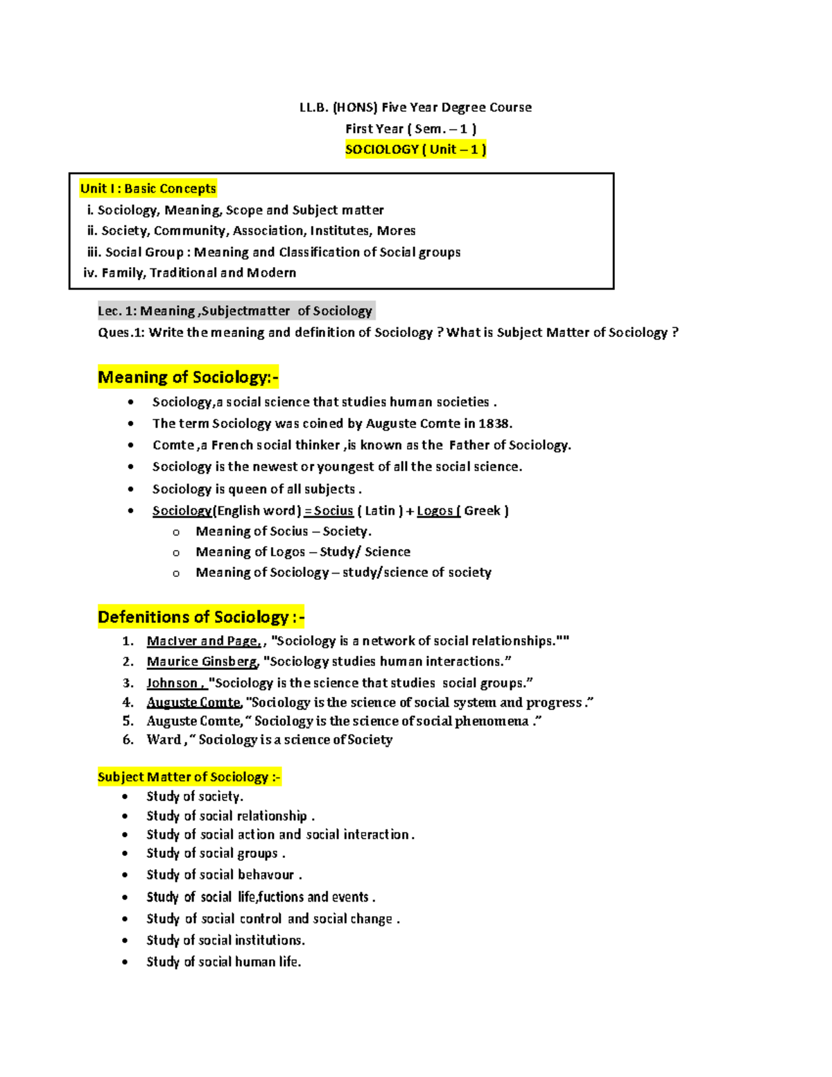 Socio ,sem 1,unit ,pointers lec1&2 - Unit I : Basic Concepts i ...