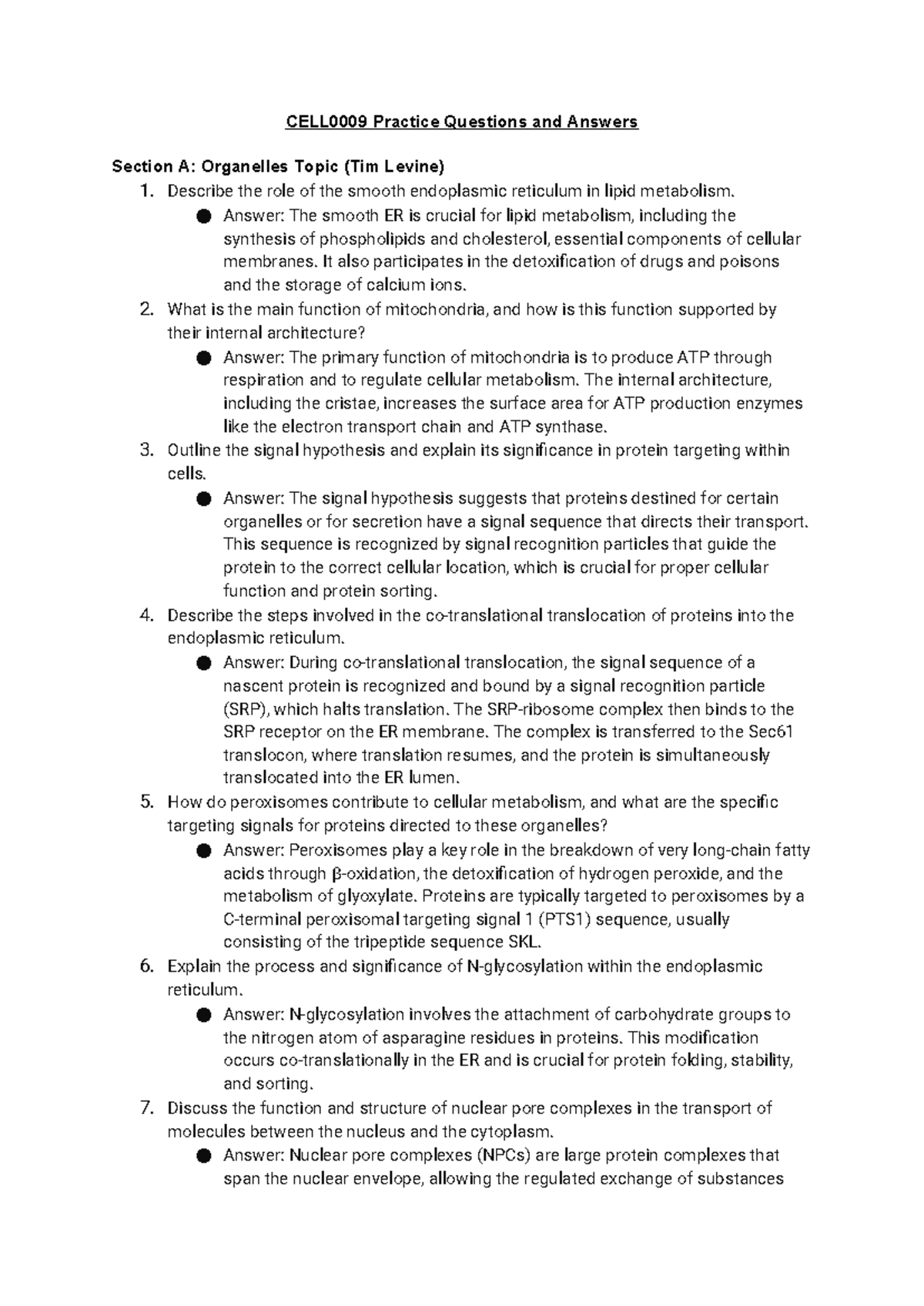 CELL0009 Practice Questions and Answers - Describe the role of the ...