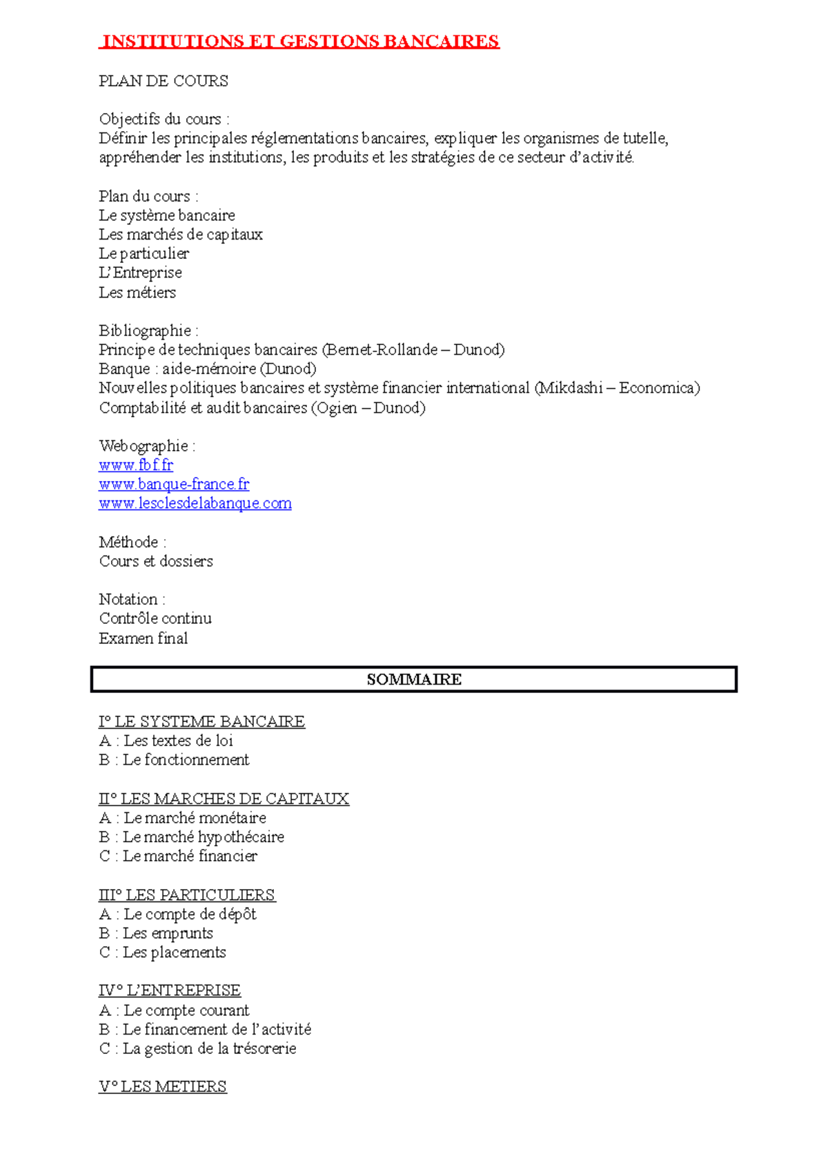 Gestion bancaire - INSTITUTIONS ET GESTIONS BANCAIRES PLAN DE COURS ...