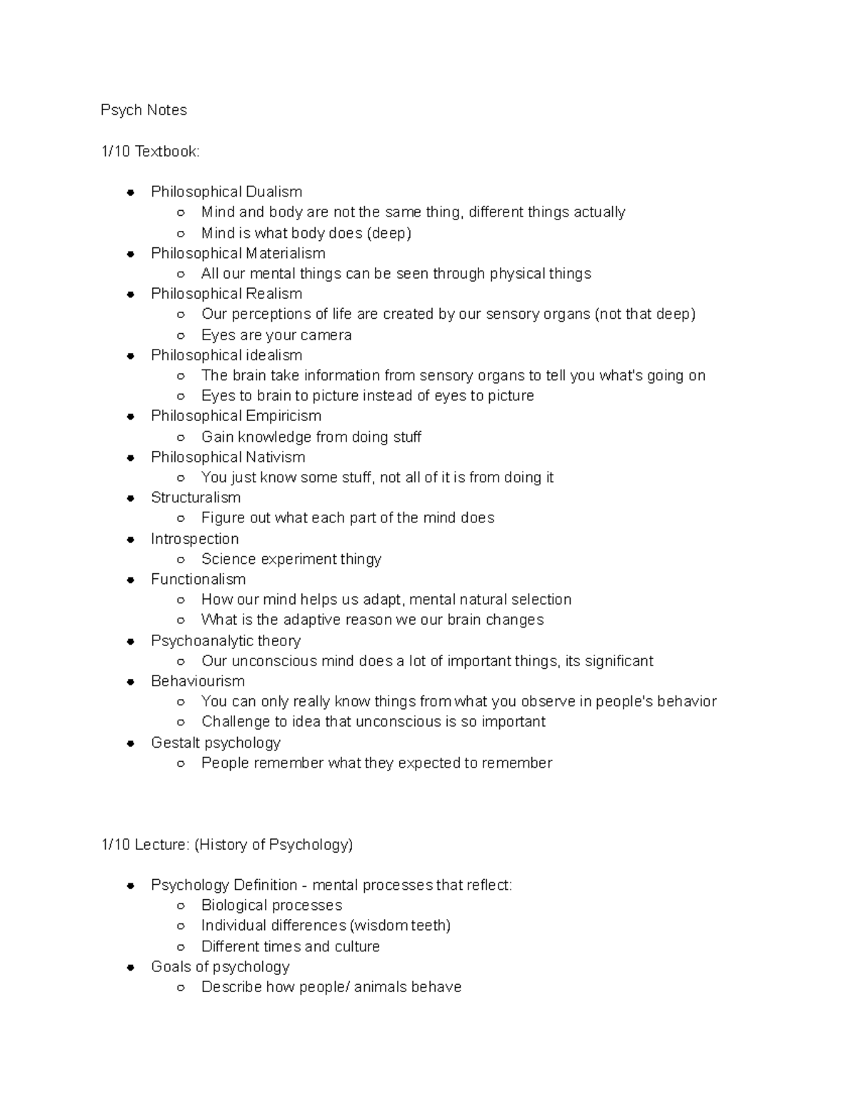 Psych Notes - Psych Notes 1/10 Textbook: Philosophical Dualism Mind and ...