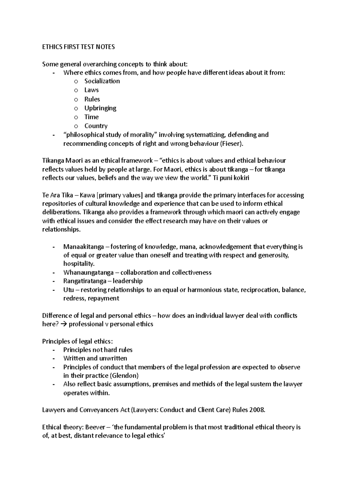 Ethics First TEST Notes - ETHICS FIRST TEST NOTES Some general ...