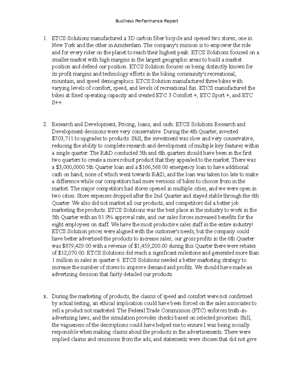 Task 1 Business Performance Report - Business Performance Report ETCS ...