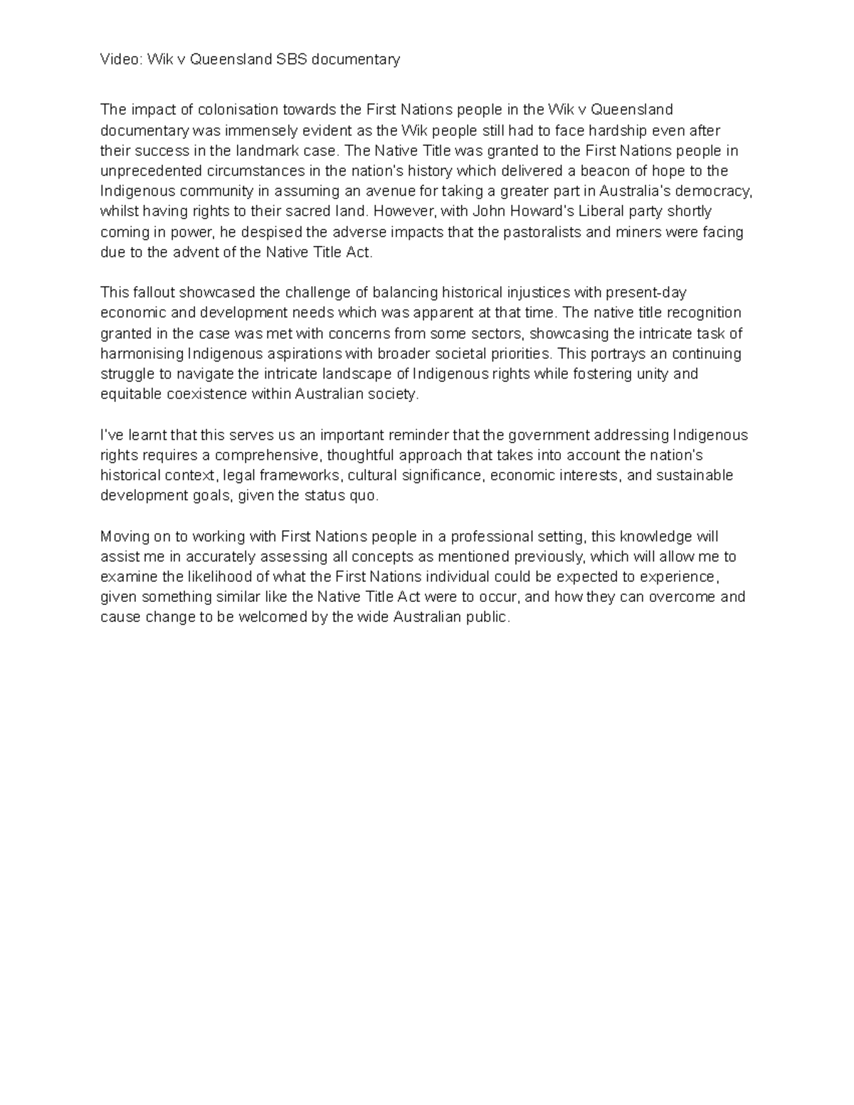 Evid - Indigenous Task - First Nations Task - Video: Wik v Queensland ...