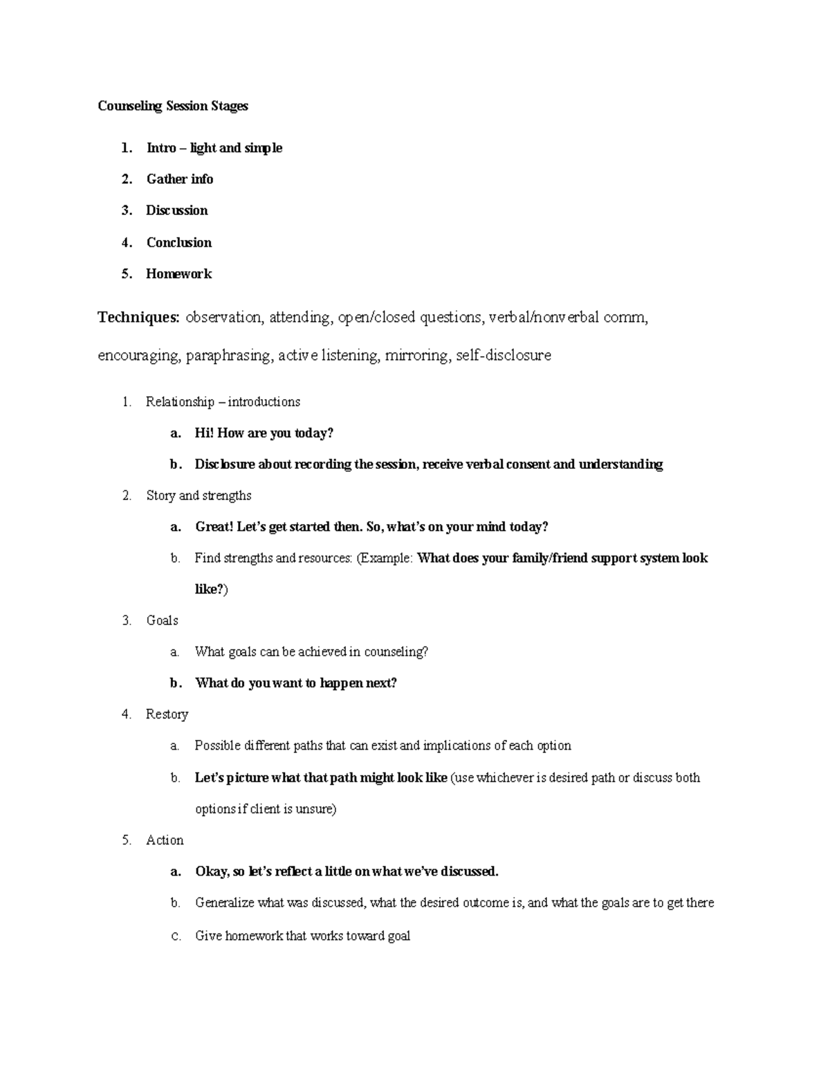 Counseling Session Basic Guide - Counseling Session Stages 1. Intro ...