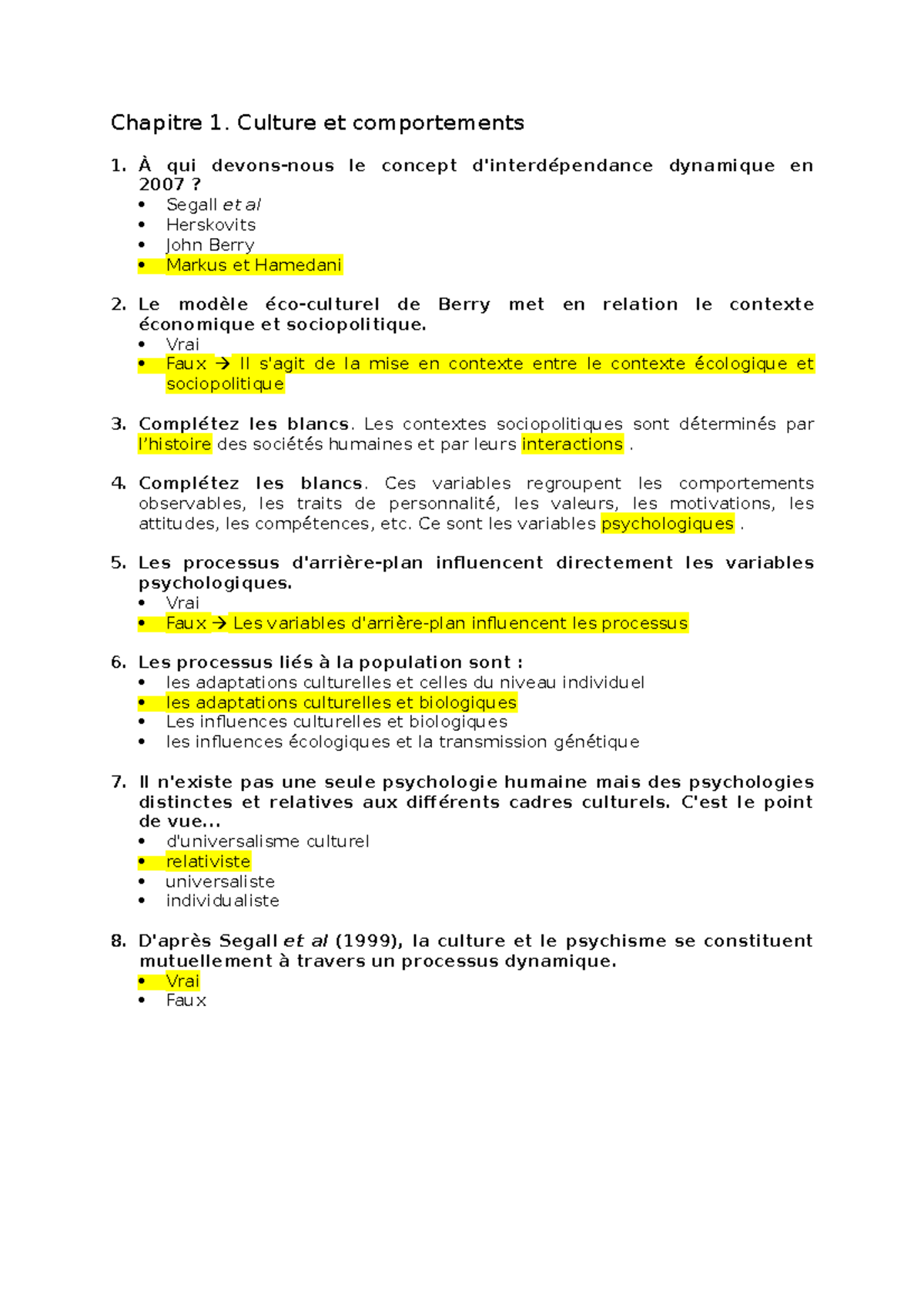 Quizz Correctif - Chapitre 1. Culture et comportements 1. À qui devons ...