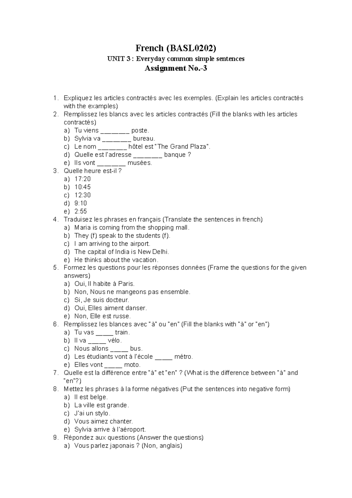 UNIT 3 Assignment ( French) - French (BASL0202) UNIT 3 : Everyday ...