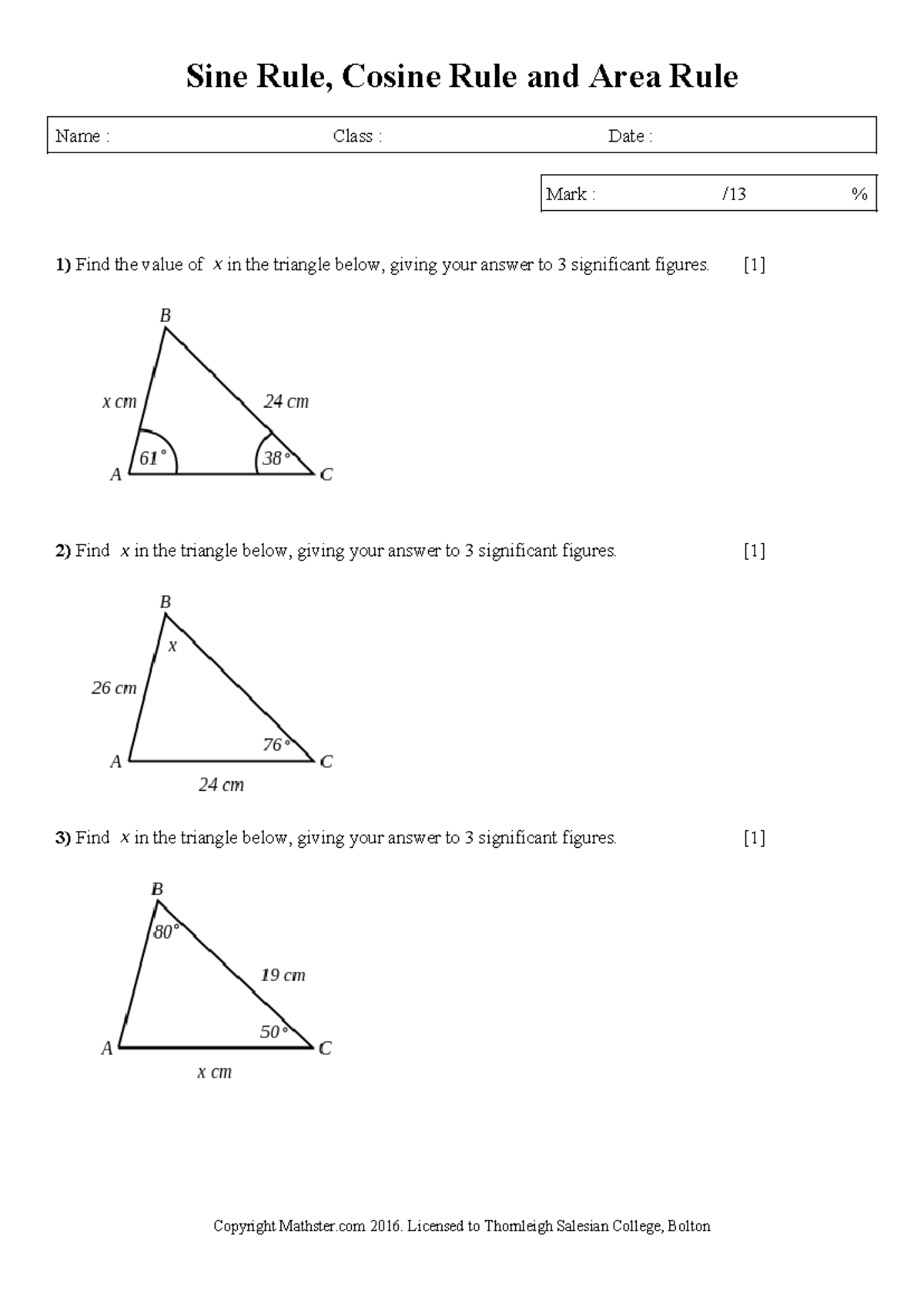 Sine Rule, Cosine Rule and Area Rule - 1 - Sine Rule, Cosine Rule and ...