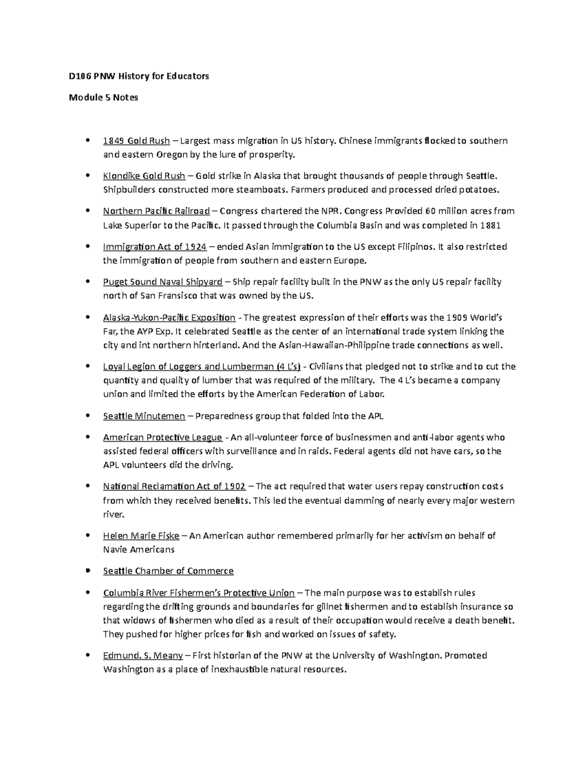 D106 PNW History Module 5 Notes - D106 PNW History for Educators Module ...