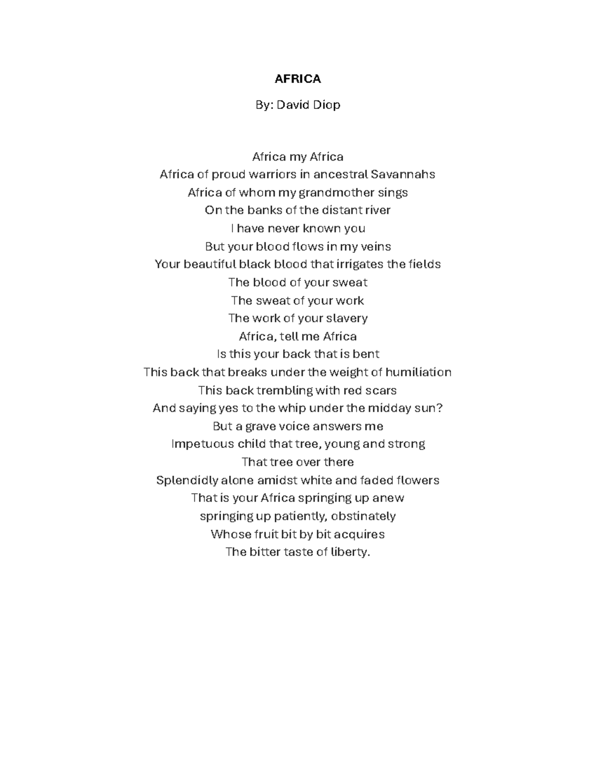 Africa-by-David-Diop - AFRICA By: David Diop Africa my Africa Africa of ...